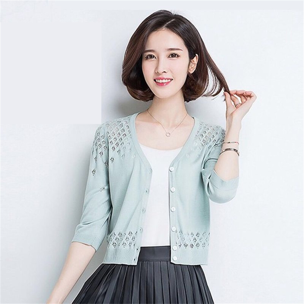 Women's Knit Sweater 3/4 Sleeve Shrugs V Neck Button Down Cardigan Crop ...