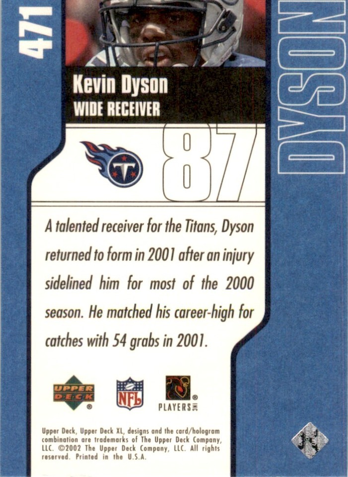2002 Upper Deck XL Kevin Dyson Tennessee Titans #471 NFL Football Card ...