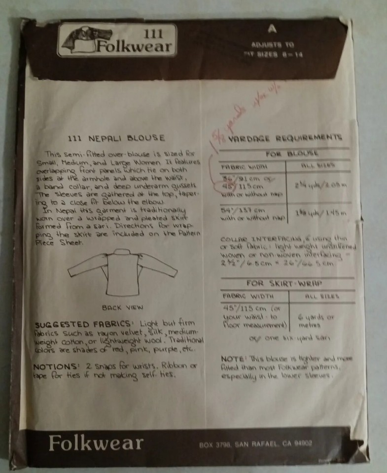 Vintage Folkwear Ethnic Sewing Pattern 111 NEPALI BLOUSE, Sizes 8 to 14 ...