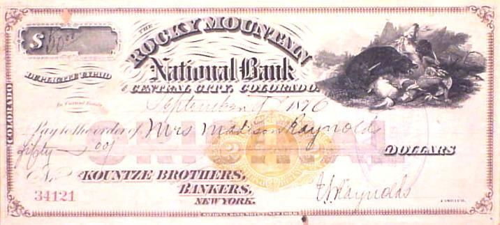 1876 ROCKY MOUNTAIN NATIONAL BANK CHECK - Old West Town Central City ...