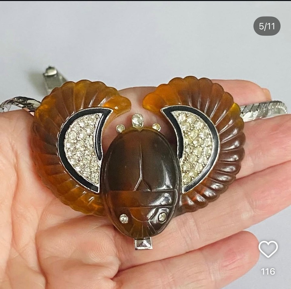 Vintage Art Deco ‘89 Lucite Scarab Necklace Rhinestone Amber Plastic ...