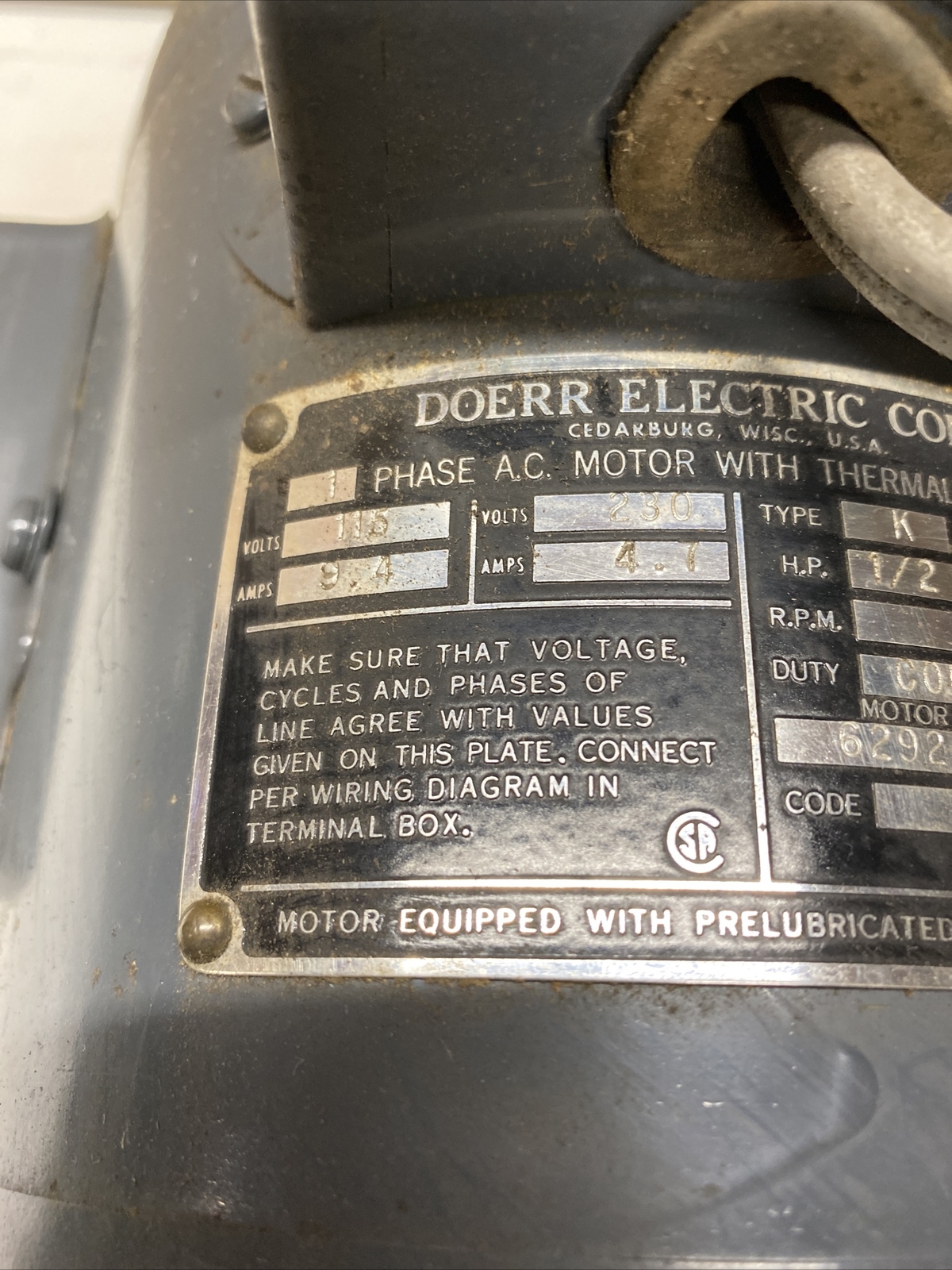 Doerr Electric Motor HP 1/2 RPM 3450 115/230 Volts Md 62926-A JX EM-187 ...