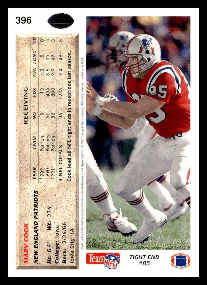1992 Upper Deck #396 Marv Cook New England Patriots Football Card | eBay