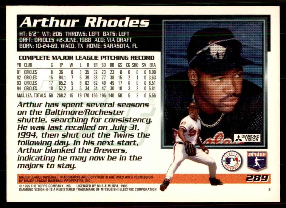 1995 Topps Arthur Rhodes Baseball Cards #289 | eBay