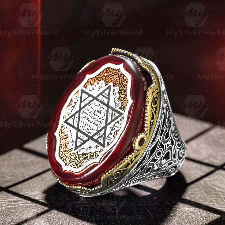 925 Sterling Silver Seal of Solomon Design on Red Stone Huge Men's Ring ...