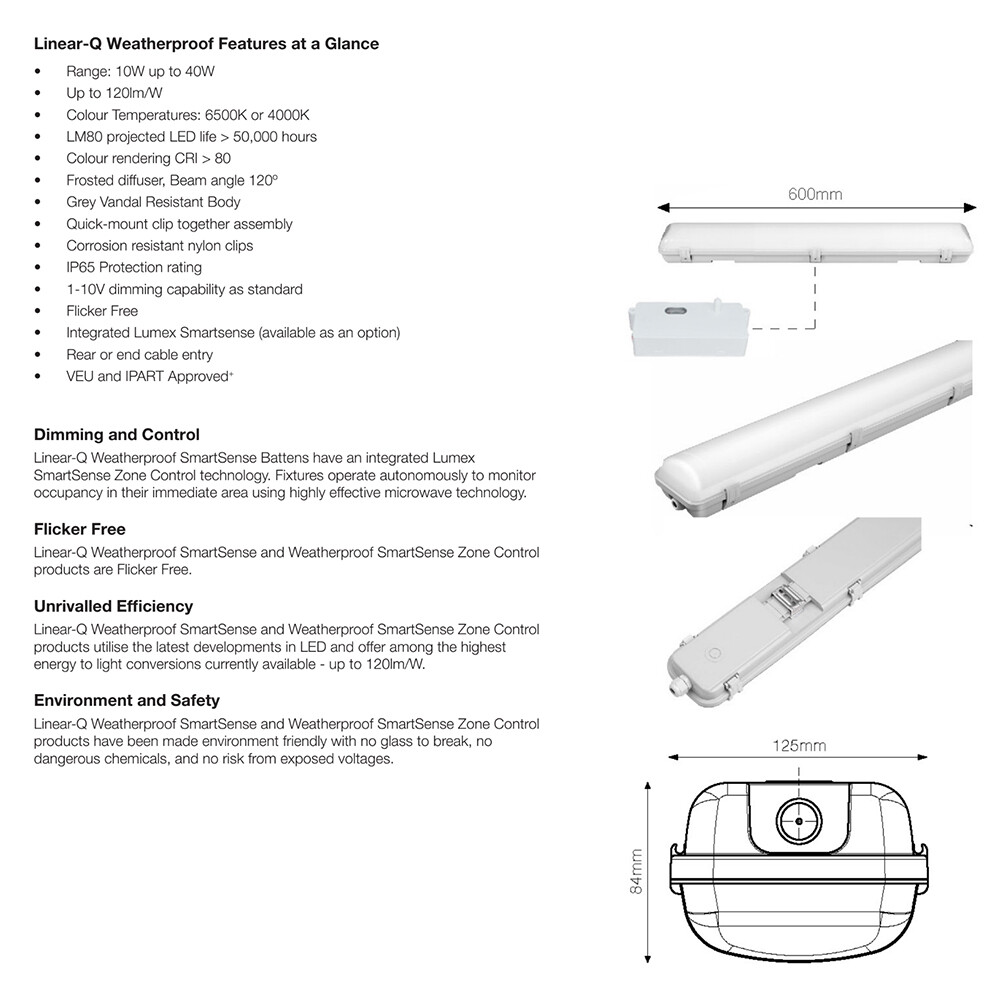 Lumex Linear Q Weatherproof Batten/Fixture w/ LED Light Strip 20W/6500K ...