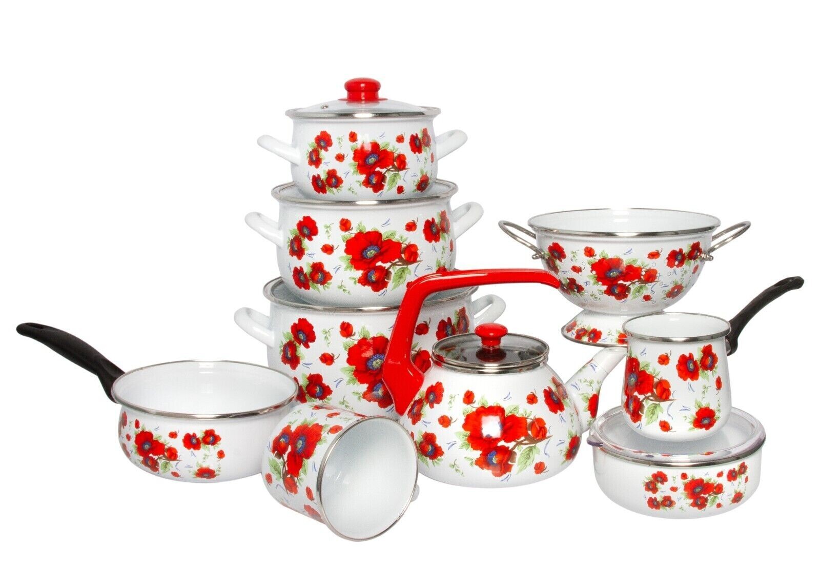 3 pc POPPY Enamel Stockpot Set Cooking Pot Set Enamel Casserole 2-qt 4 ...