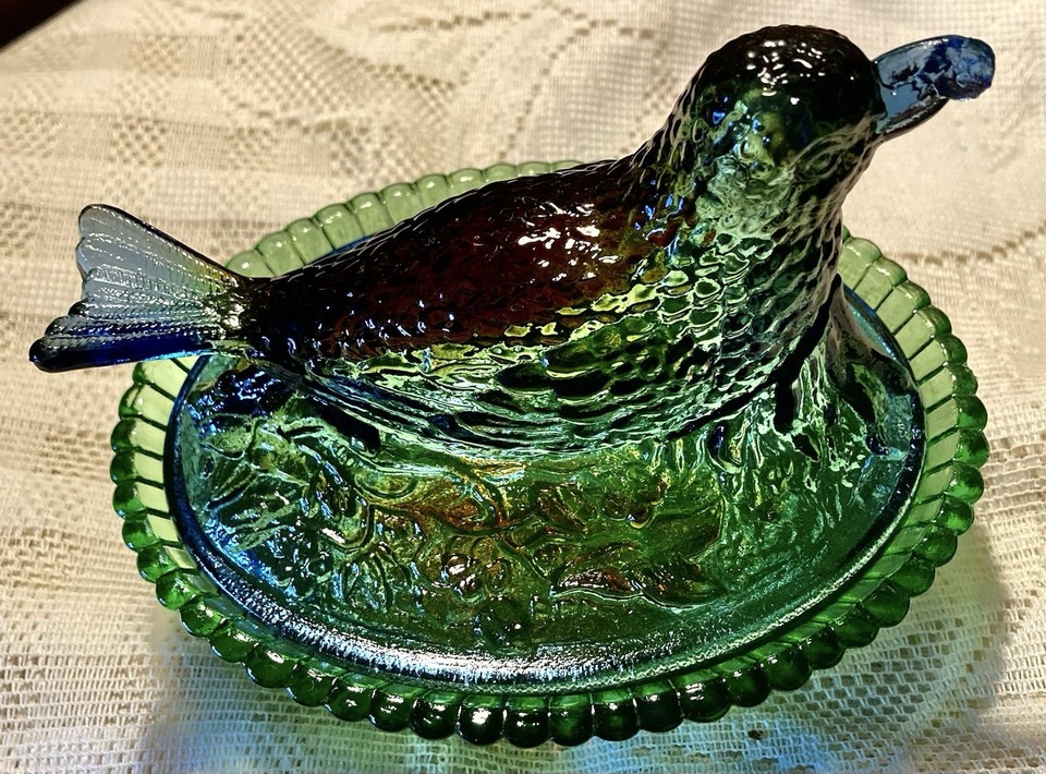 Degenhart Dark Blue Green Red Glass Robin Bird with Berry on Nest Candy ...