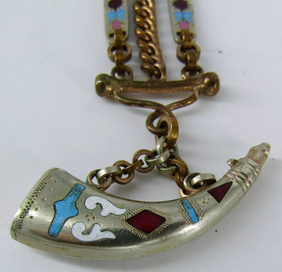 VICTORIAN POWDER HORN WATCH FOB - Blue, Red & White Inlaid Enamel ...