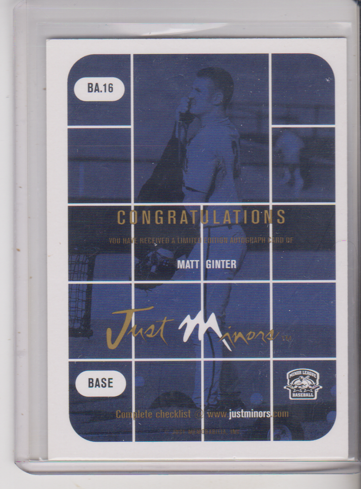2001Just Minors Matt Ginter Rookie autograph Birmingham Barons Chicago ...