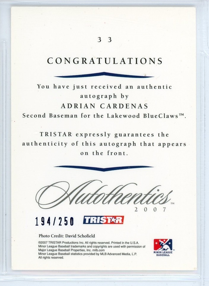 2007 Tri-Star Autothentics ADRIAN CARDENAS Autographed Rookie #33 Ser ...