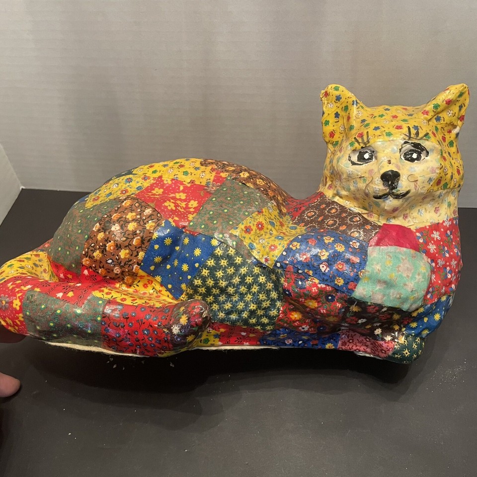 Vintage-Ceramic Rainbow Plaid Cat Statue-Figurine-Patchwork Quilt ...