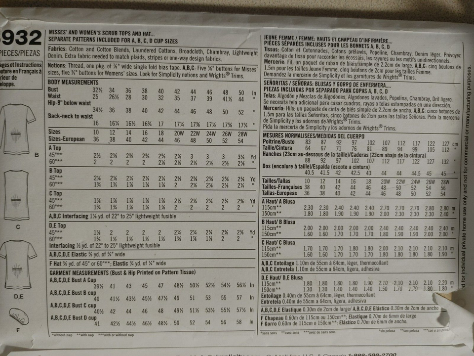 Simplicity Pattern 3932 Women's Plus Scrub Tops Hat Sizes 20 22 24 26 ...