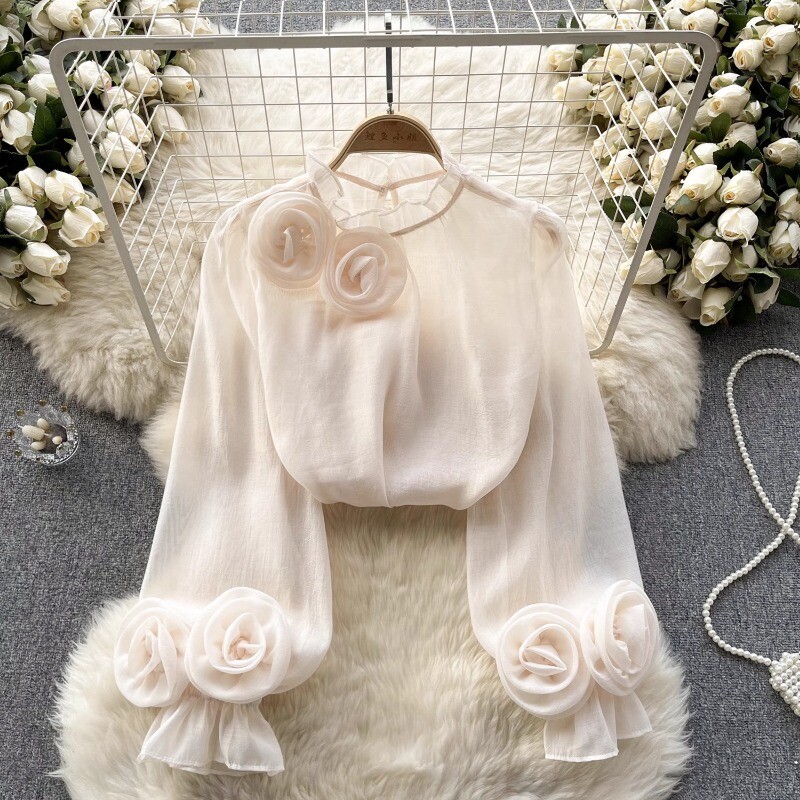 Women Loose Sheer Mesh Blouse Shirt Top Long Puff Sleeve Flower Rose ...