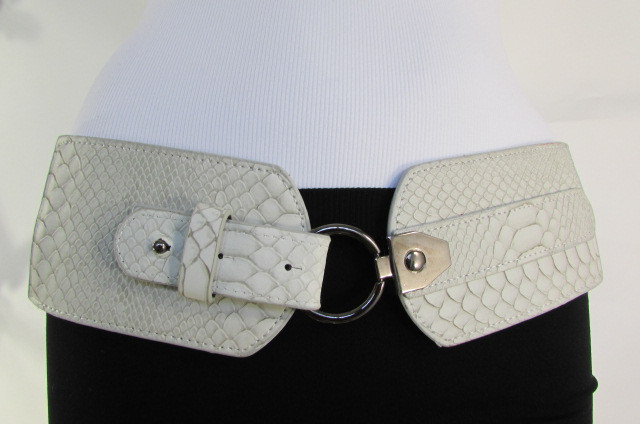 Women Black White Beige Elastic Fashion Belt Snake Skin Wide Faux ...