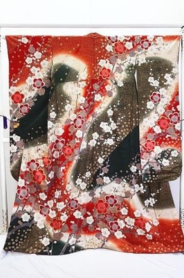 Vermilion Red & Dark Green Furisode Silk Kimono, Branch Plum, Gold Koma | eBay