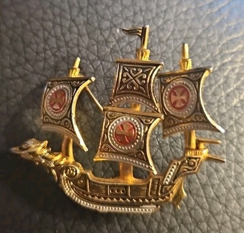Vintage Damascene Spanish Galleon Ship Pin Brooch Gold Tone Signed ...