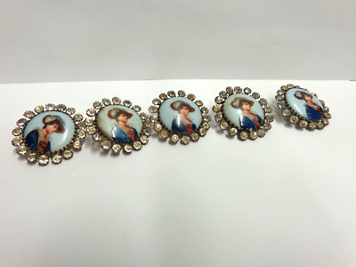 Antique Portrait Buttons w/white stones set of 5 sz 1 1/8 in rd ...