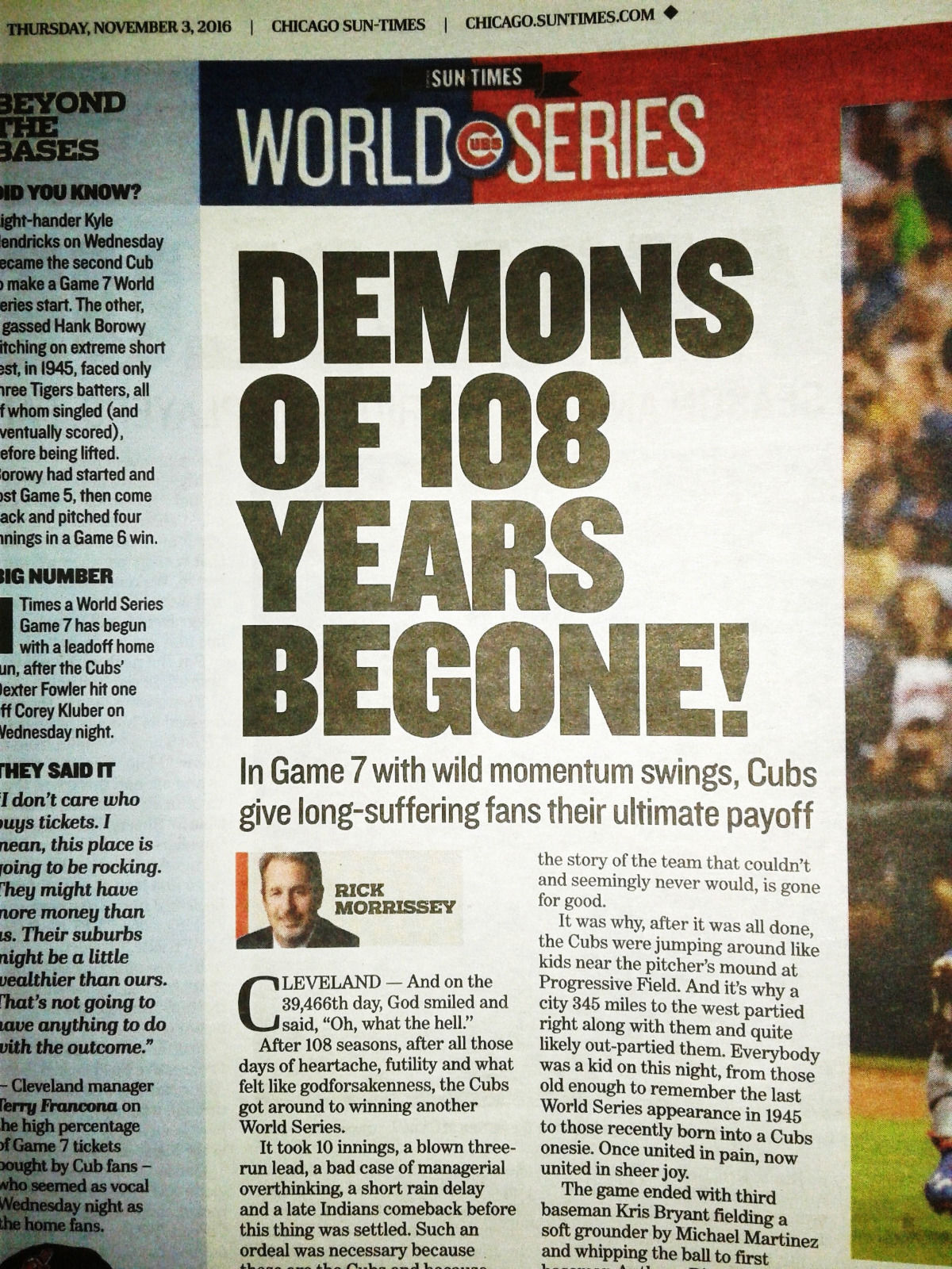 HOLY COW!Cubs Win World Series! Chicago Sun-Times 11/3/16 "A Night To ...