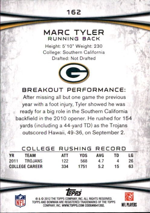 Marc Tyler 2012 Bowman Rookie Card #162 | eBay