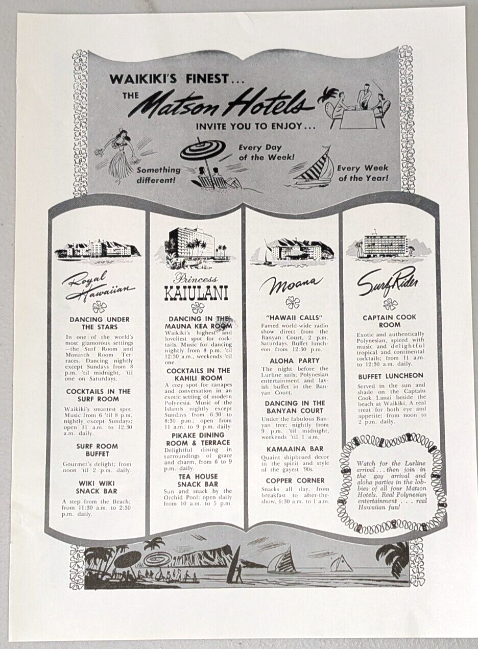 1957 Matson Hotels Vintage Print Ad Hawaii Waikiki Moana Princess ...