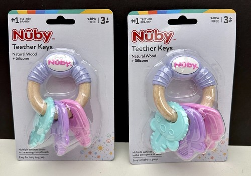 x2 Nuby Natural Wood Silicone Teether Keys Pink Purple 3m+ Baby Toy | eBay