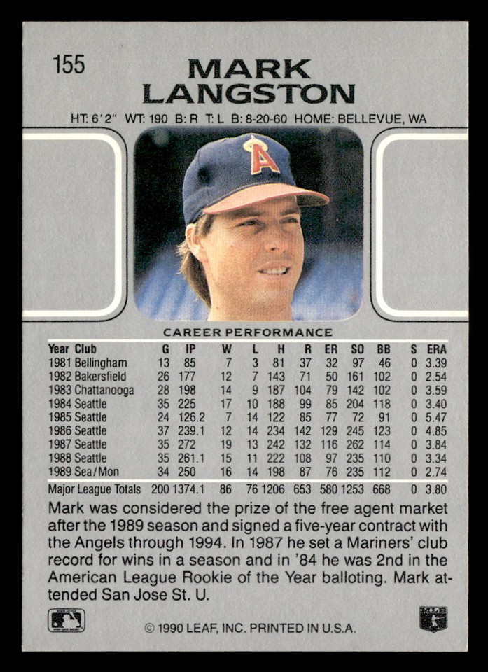 Mark Langston 1990 Leaf Inc Card #155 Angels | eBay