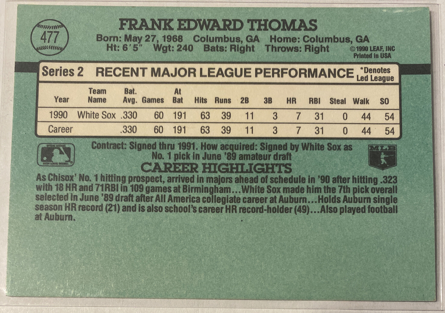 1991 Donruss Frank Thomas Rookie #477 Error Card. No . After INC | eBay