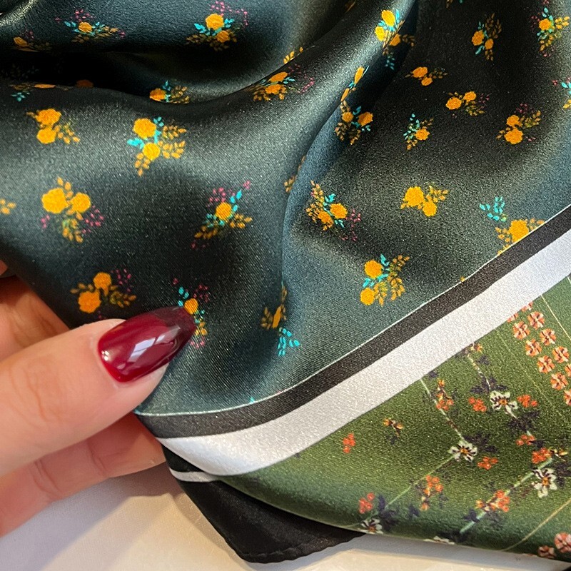 100% Silk Women Scarf Kerchief Bandana Neck Hairband Green Check Flower ...