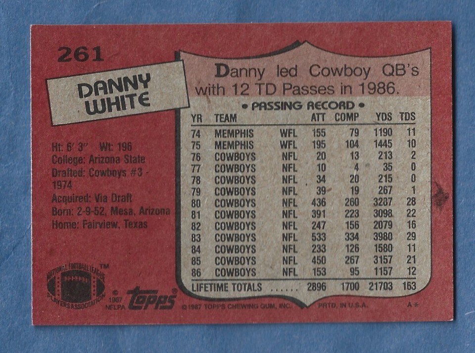 DANNY WHITE 1987 TOPPS FOOTBALL CARD#261 DALLAS COWBOYS QB PUNTER | eBay