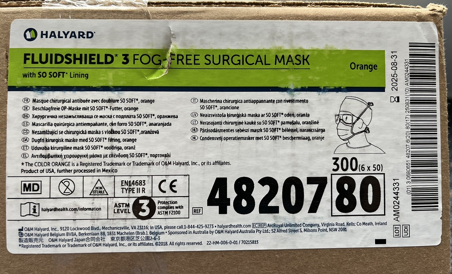 Halyard FluidShield ASTM Level 3 Fog-Free Surgical Face Mask 48207 Case ...