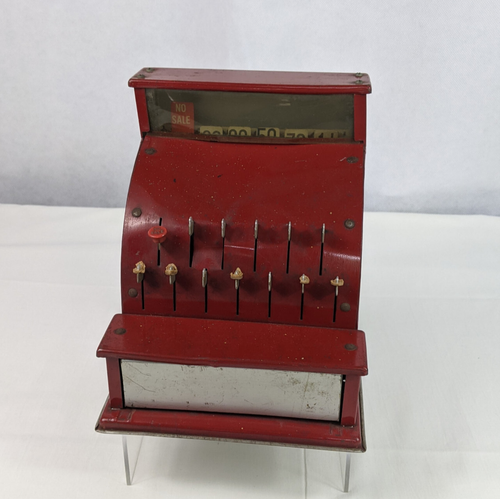 VTG Metal Red Toy Cash Register Novelty Bank Decor Works Costume Prop ...