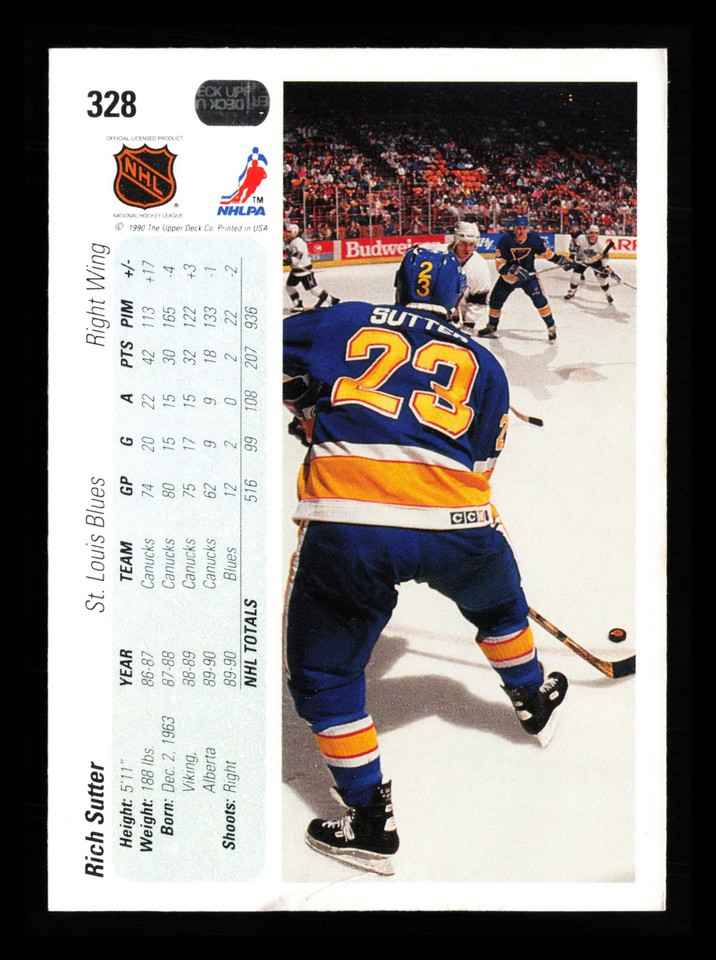 Rich Sutter 1990-91 Upper Deck Hockey NHL #328b St. Louis Blues | eBay