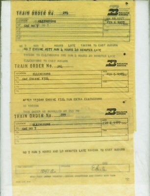 BURLINGTON NORTHERN RAILROAD TRAIN ORDERS (18) ELLENSBURG, WASHINGTON ...
