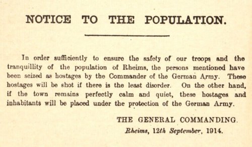 1914 WW1 GERMAN WARNING FRENCH POPULATION, HOSTAGE SHOOTING RHEIMS ...