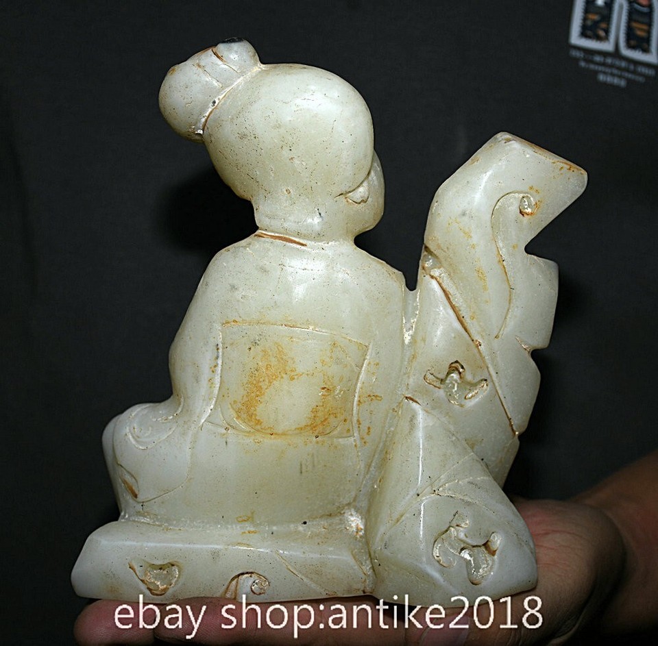 6.8" Old Chinese White Jade Carved Dynasty Sit Tang Beauty Belle Woman ...
