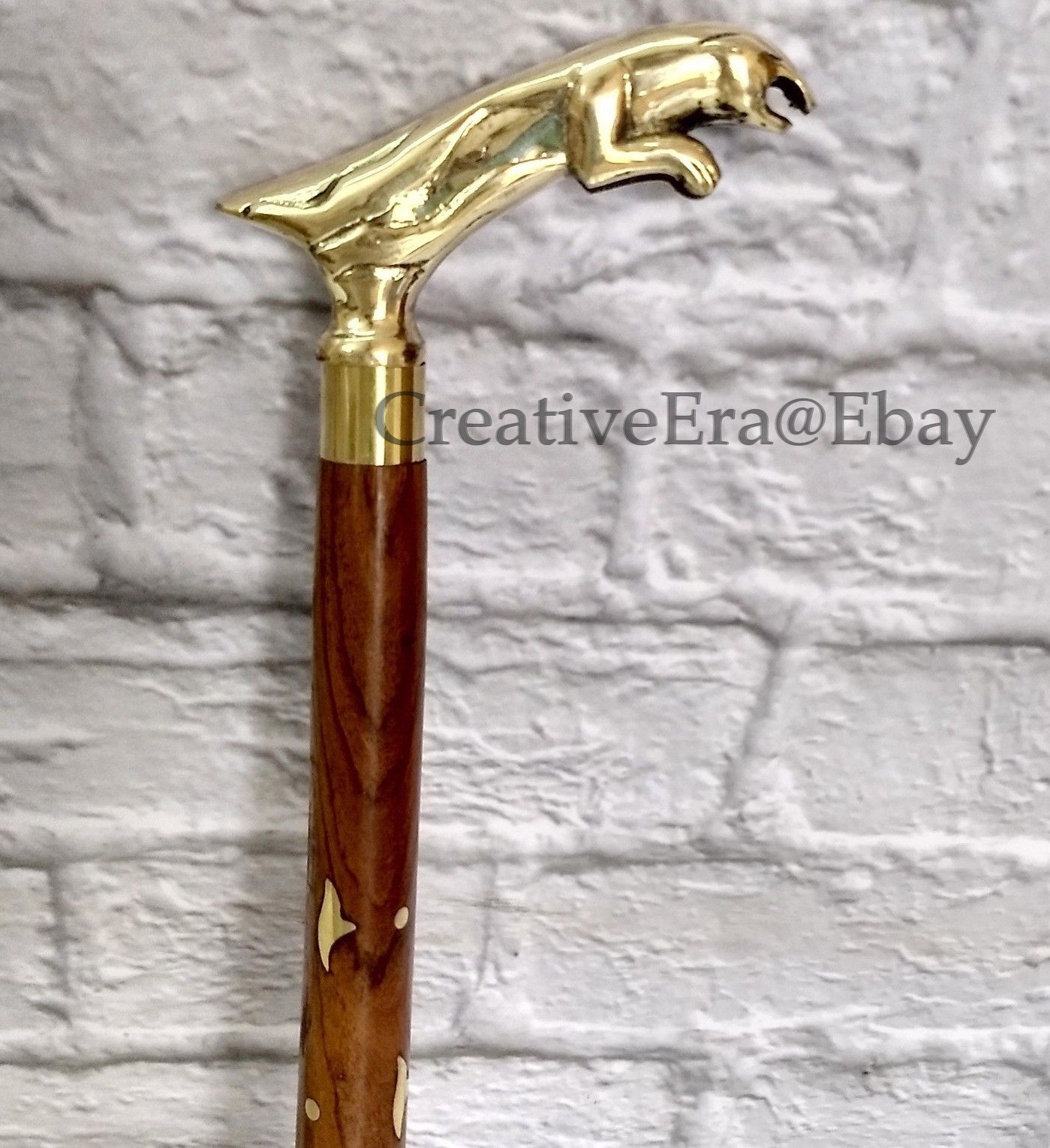 Antique Designer Brass Puma Handle Walking Stick Brown Wooden Brass ...