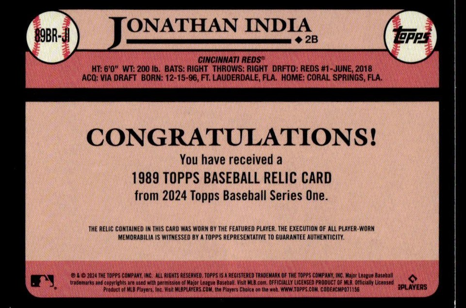 2024 Topps 89BR-JI Jonathan India Cincinnati Reds MEM Baseball Card | eBay