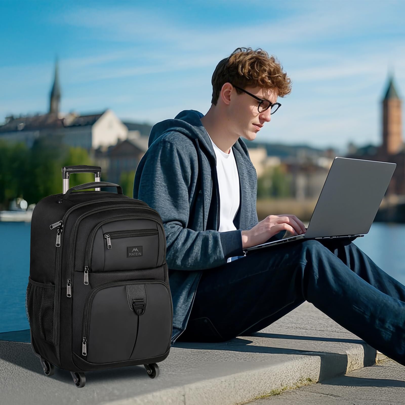 Rolling Backpack for Travel 4 Wheels Laptop Women Men Water Resistant ...