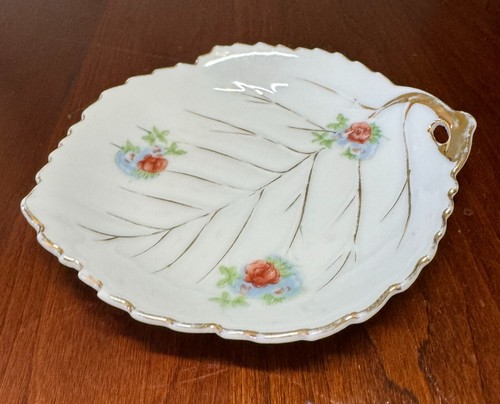 Vintage Okada China Leaf shape trinket dish made Japan floral gilding 5 ...
