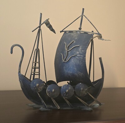 MID-CENTURY MODERN VIKING SHIP METAL MODEL 17" MODERNIST NORSE LONGBOAT ...