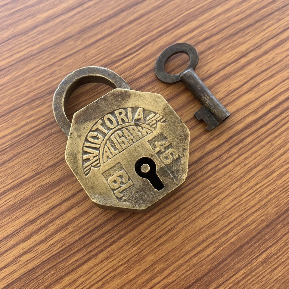1940's BRASS PADLOCK OR LOCK WITH KEY OLD OR ANTIQUE, OCTAGONAL SHAPE ...
