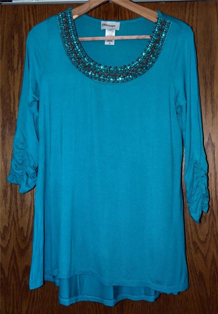 NEW - GLITTERSCAPE - STRETCH KNIT 3/4 SLEEVED EMBELLISHED TOP S M L | eBay