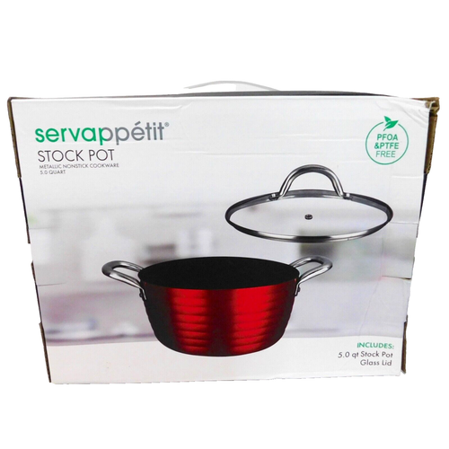Servappetit Red Metallic 5 Qt. Stock Pot Nonstick Glass Lid NEW in Box ...