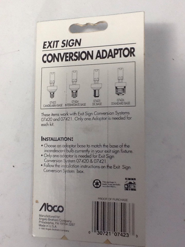 Abco 07423 Compact Fluorescent Exit Sign Conversion Adaptor Candelabra ...
