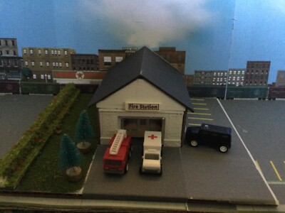 3D printed 1/44 N scale fire station diorama w yard & parking lot. 3 ...