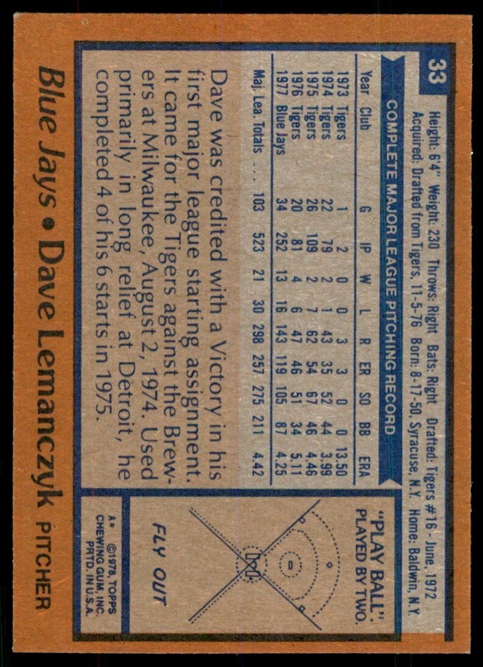 1978 TOPPS DAVE LEMANCZYK. TORONTO BLUE JAYS #33 | eBay