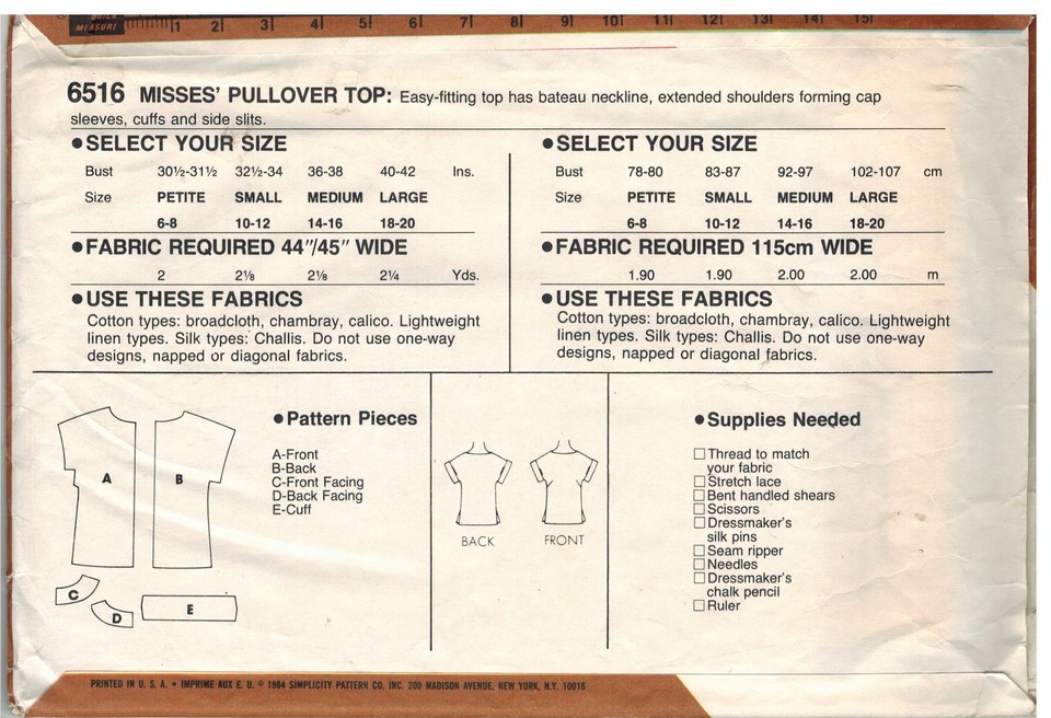 6516 Vintage Simplicity Sewing Pattern Misses Pullover Top Easy Fitting ...