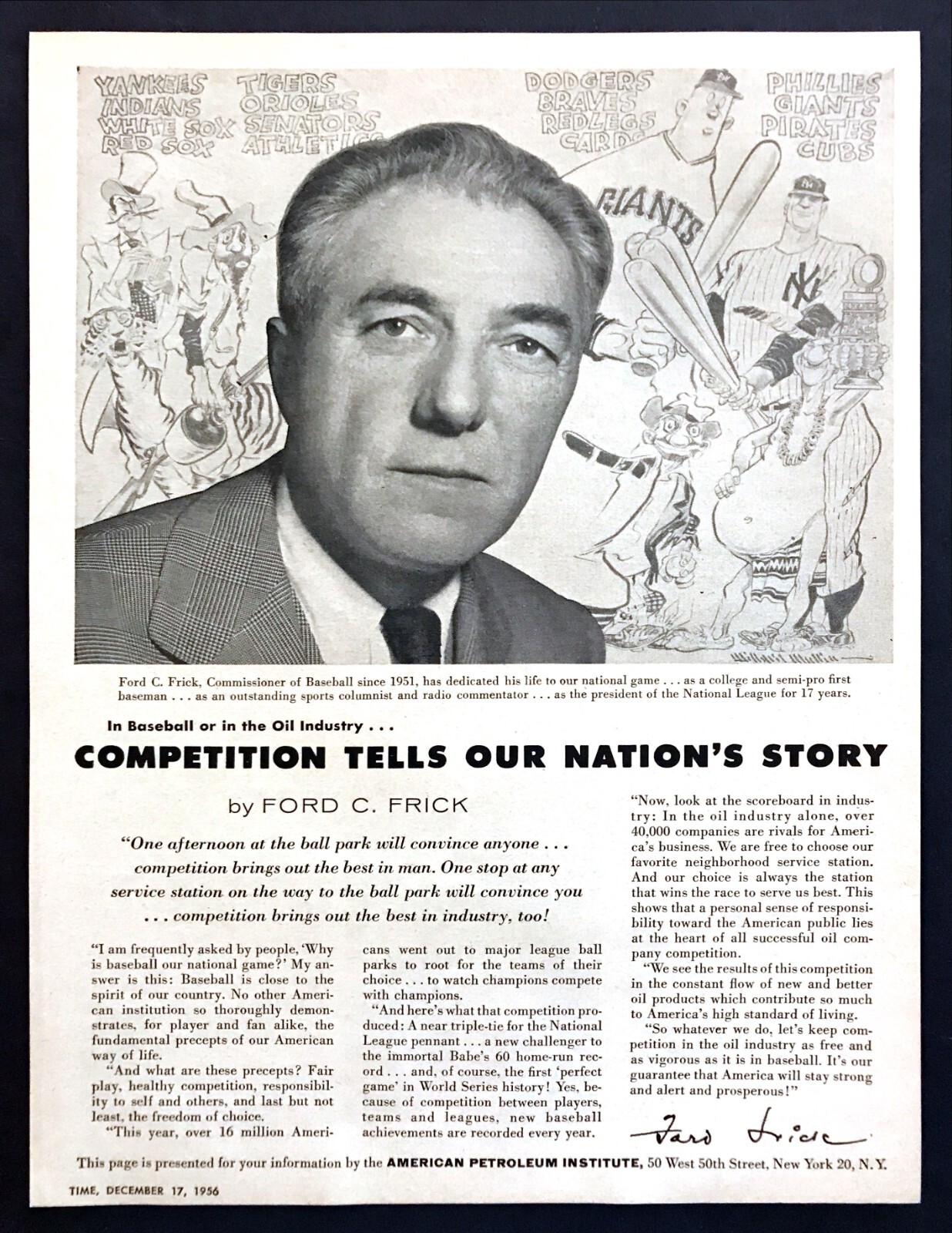 1956 Baseball Commissioner Ford Frick photo American Petroleum vintage ...