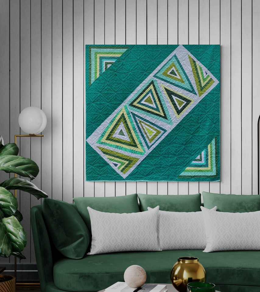 JADE GEOMETRY Modern Throw Quilt 56” x 56” Handmade. Cotton. Green triangles | eBay